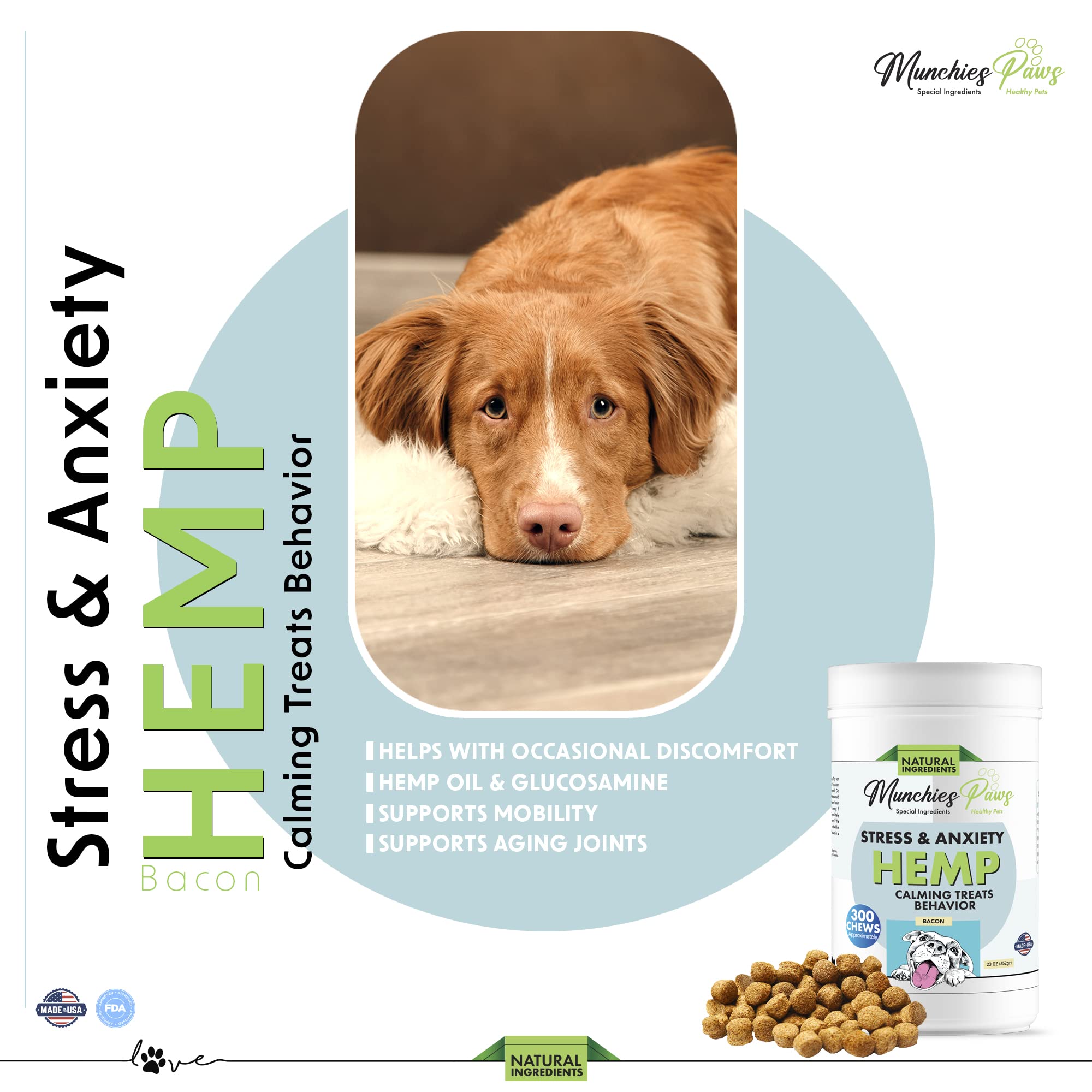 Munchies Paws Dog Treats Stress Relief Made in USA Stress and Anxiety Organic Hemp 300 Count (Bacon)