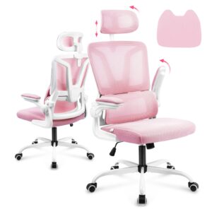 soontrans pink ergonomic office chair with lumbar support pillow, mesh office chair with adjustable arms & headrest, rocking office desk chair, comfortable ergonomic chair