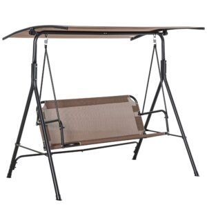 outsunny patio swing chair with canopy, seats 2 adults loveseat bench with adjustable tilt canopy, armrests, a-frame steel, breathable mesh for backyard, garden, brown