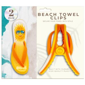 performore flip flop beach towel clips (yellow), 2-pack, portable towel holder clips, secure clips for beach chairs deck patio pool boat cruise lounge chair accessories