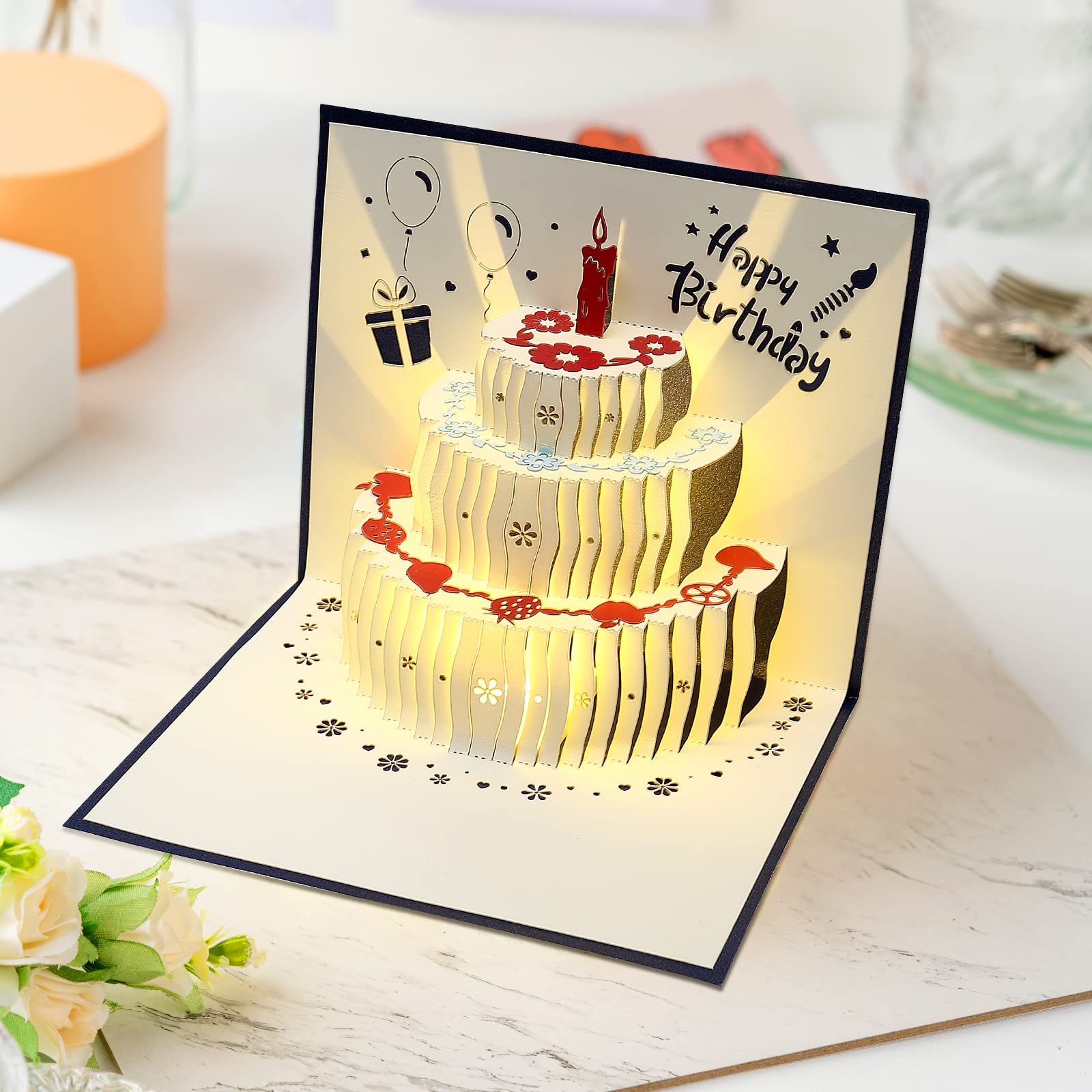 Musical Birthday Card with Sound, Music and Light 3D Happy Birthday Pop Up Cards for Men, Women, Kids