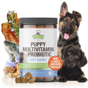 strawfield pets' puppy multivitamin + probiotics for dogs puppy vitamins with joint support supplement for dogs & puppies tasty bacon flavor 120 soft chews