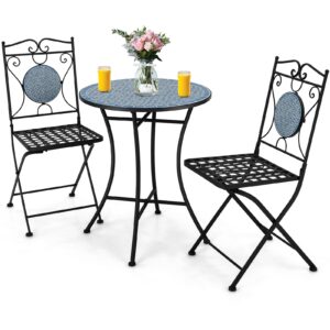 tangkula 3 pieces patio bistro set, outdoor garden furniture set with mosaic round table and 2 folding chairs, outdoor bistro set for porch, terrace, balcony