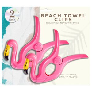 performore 2 pack of flamingo beach towel clips, portable towel holder clips, secure clips for beach chairs deck patio pool boat cruise lounge chair accessories (pink)