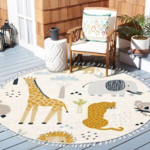 Round Boho Area Rug Cute Animals Lion cub Leopard Giraffe Elephant Koala White Carpet with Tassels Washable Hallway Floor Mat Runner Rugs for Bedroom Bathroom Playroom Nursery Decor 4 ft