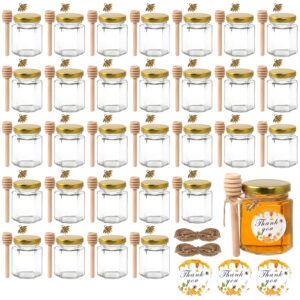 bigivaca 3 ounce hexagonal mini glass honey jar with wooden dips, 30 honey jars with gold lid, bee pendant, jute, 35 bees stickers, great for baby showers, party gifts, wedding gifts