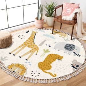 Round Boho Area Rug Cute Animals Lion cub Leopard Giraffe Elephant Koala White Carpet with Tassels Washable Hallway Floor Mat Runner Rugs for Bedroom Bathroom Playroom Nursery Decor 4 ft