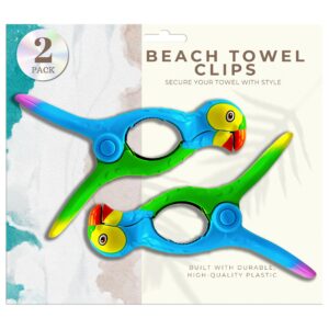 performore 2 pack of parrot beach towel clips, portable towel holder clips, secure clips for beach chairs deck patio pool boat cruise lounge chair accessories (light blue and green)