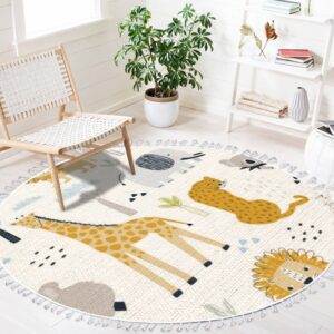 round boho area rug cute animals lion cub leopard giraffe elephant koala white carpet with tassels washable hallway floor mat runner rugs for bedroom bathroom playroom nursery decor 4 ft