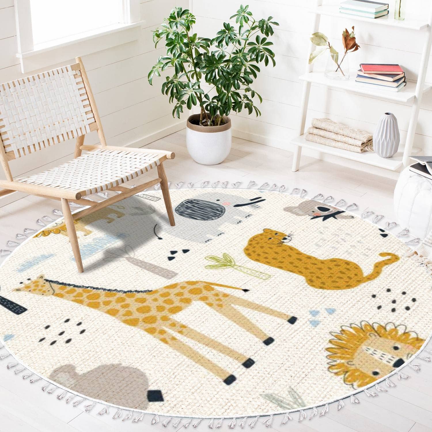 Round Boho Area Rug Cute Animals Lion cub Leopard Giraffe Elephant Koala White Carpet with Tassels Washable Hallway Floor Mat Runner Rugs for Bedroom Bathroom Playroom Nursery Decor 4 ft