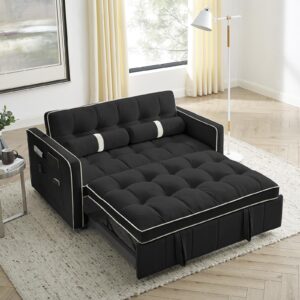 55.5" convertible sleeper sofa bed, 3 in 1 velvet loveseat sofa couch with adjustable backrest, modern pull out couch with round pillows and pockets for living room (black)