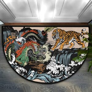 nichpedr welcome half round door mat chinese painting animal dragon tiger ocean entrance way rugs doormats soft non-slip washable bath rugs floor mats for home bathroom indoor outdoor 18x30 inch