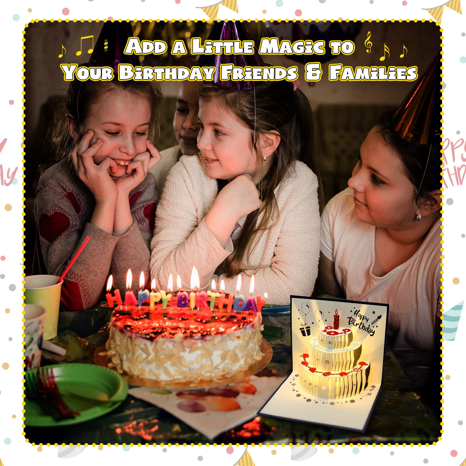 Musical Birthday Card with Sound, Music and Light 3D Happy Birthday Pop Up Cards for Men, Women, Kids