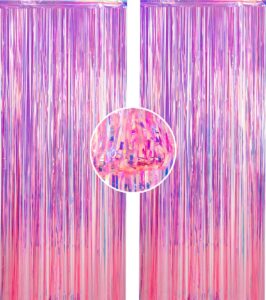 sharonlily gorgeous iridescent pink foil fringe curtain-2 pack 3.2x8.2 feet premium neon metallic streamers photo booth backdrop for birthday bachelorette graduation party decorations (pink-orange)