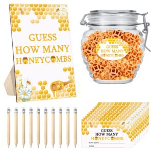 glenmal 114 pcs bee baby shower games guess how many honeycombs wooden guessing game sign 100 guessing cards 10 pencils 2 stickers 1 bottle for guests baby shower gender reveal party, no honeycombs