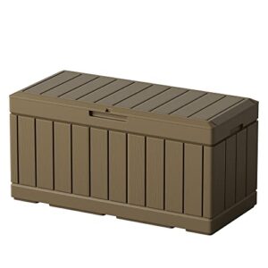 greesum 82 gallon resin deck box large outdoor storage for patio furniture, garden tools, pool supplies, weatherproof and uv resistant, lockable, brown