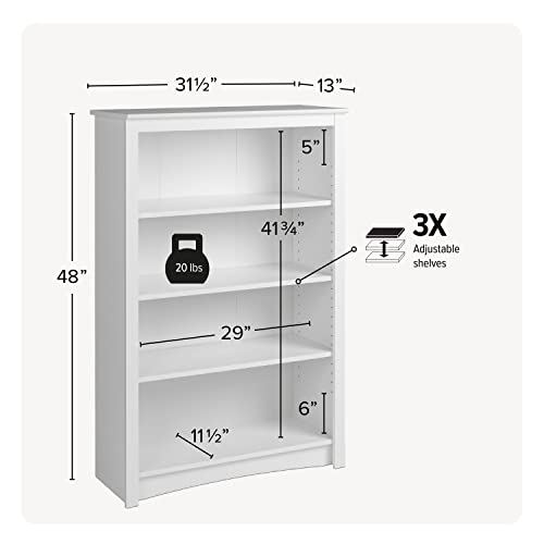 Prepac Sonoma 4-Tier Bookcase 48"H with 3 Adjustable Shelves, White Storage Cabinet, Modern Display Cabinet, Bookshelf with Storage Shelves for Home Office, Living Room, Bedroom Organizer