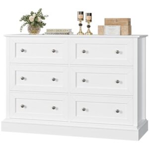 facbotall modern 6 drawer double dresser, white dresser wood dresser, wide chest of drawers with deep drawers & mental double handles for hallway living room