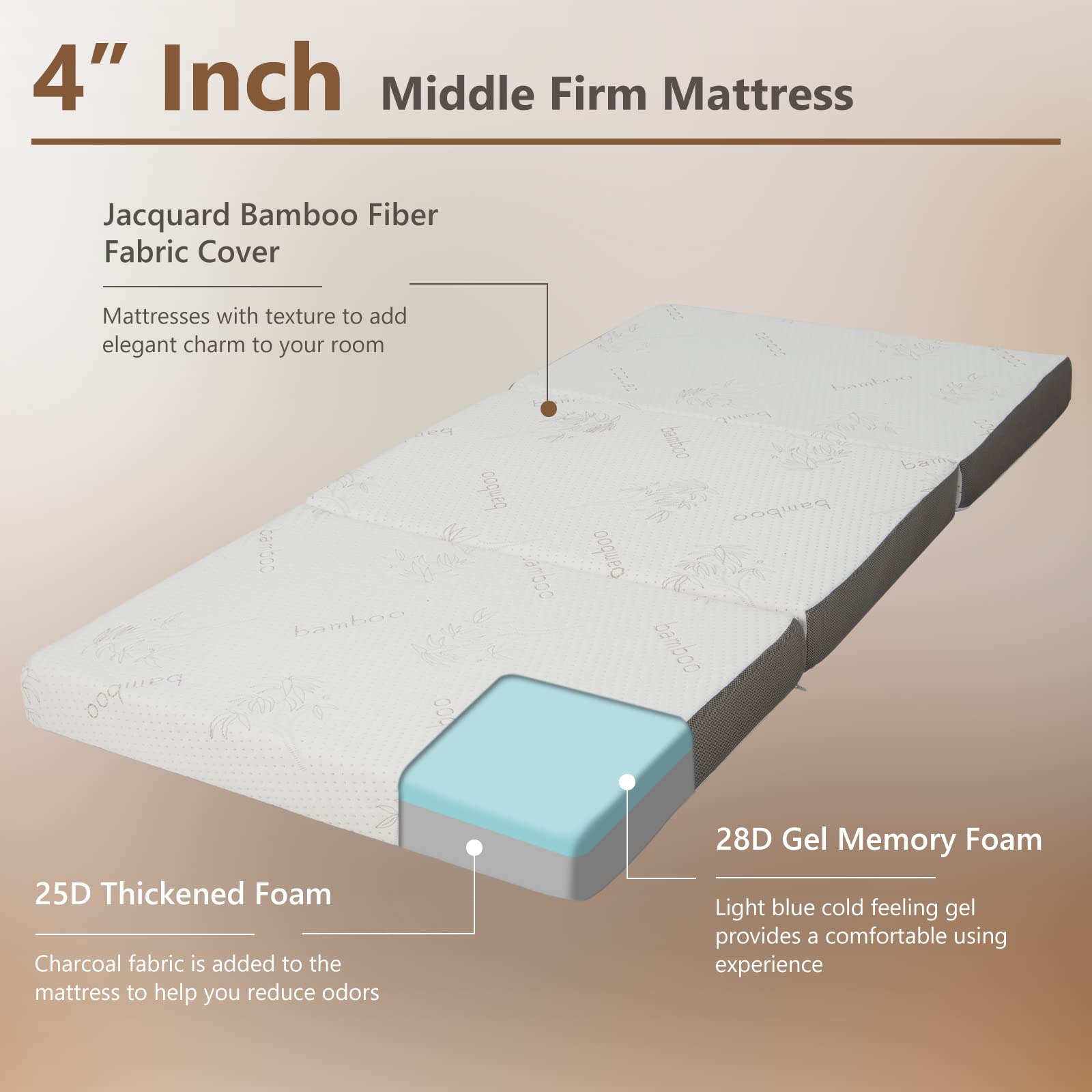 GOFLAME Memory Foam Tri-Fold Mattress, 4” Foldable Floor Mattress with Storage Bag & Removable Cover, Cool Gel Memory Mattress with Bamboo Fabric for Guest Room, Living Room, RV, Camp (Full)