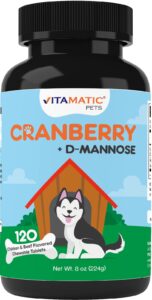 vitamatic cranberry for dogs - 120 chewable tablets - added d-mannose, apple cider, vitamin c for urinary tract support, bladder support for dogs