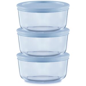 pyrex colors (3-pack, small) tinted glass round food storage container set, snug fit non-toxic plastic bpa-free lids, freezer dishwasher microwave safe, 2 cup (x3) tinted glass , blue