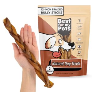 best for my pets braided bully sticks for dogs (12 inch, 3 pack) - premium long lasting dog chew treats to keep puppies and dogs happily busy - dog dental chews - fully digestible rawhide-free treats