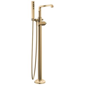 delta faucet tetra floor-mount freestanding tub filler with hand held shower, gold tub faucet, lumicoat champagne bronze t4789-cz-pr-lhp-fl (valve and handle not included)