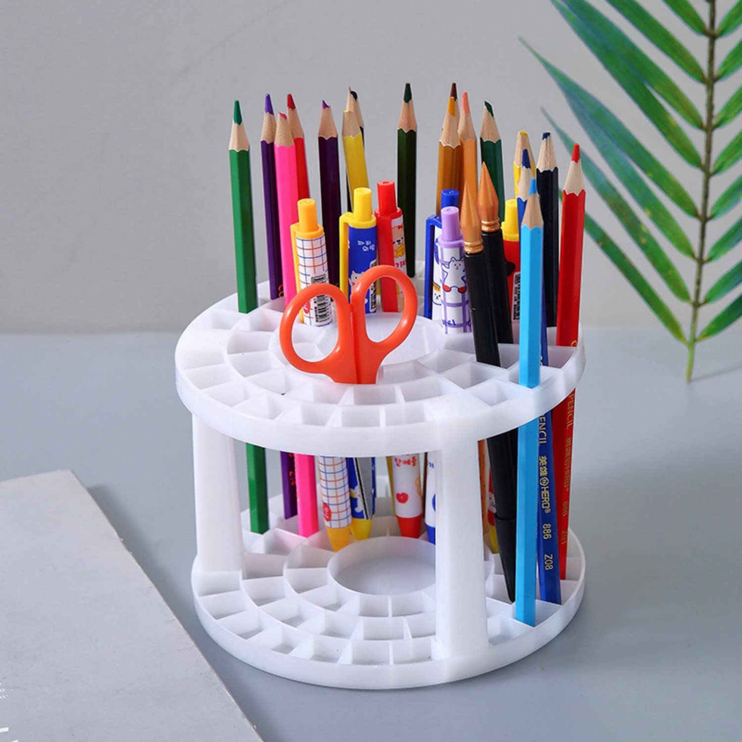 wekunro Plastic Artist Round 50 Hole Paint Brush Holder and Organizer Rack Holds, Acrylic Craft Paint and Make Up Brush Holder Storage Organizer, Miniature Paint Rack & Marker Holder (White 1PCS)