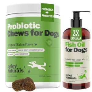 deley naturals probiotics (120 chews) + wild caught fish oil (32 oz) for dogs - omega 3-6-9, gmo free - made in usa