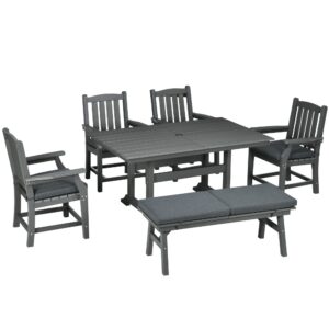 outsunny 6 pieces patio dining set, 6 seater outdoor table and chairs, conversation furniture, armrests, loveseat bench, dinner table with umbrella hole, cushions, dark gray