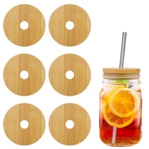 picowe 6 pack bamboo lids with straw hole for wide mouth mason jar storage canning jar lids ball jars(jars not included)