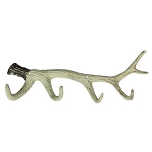 zeckos painted brown and white cast iron deer antler wall mounted hook rack coat towel key hat hanger - easy install - lodge, cabin or western décor 16 inches long