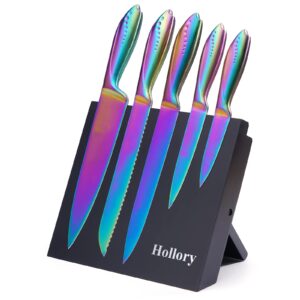 rainbow knives block set 6 pieces, iridescent german high carbon stainless steel kitchen knives pack with magnetic knife display rack