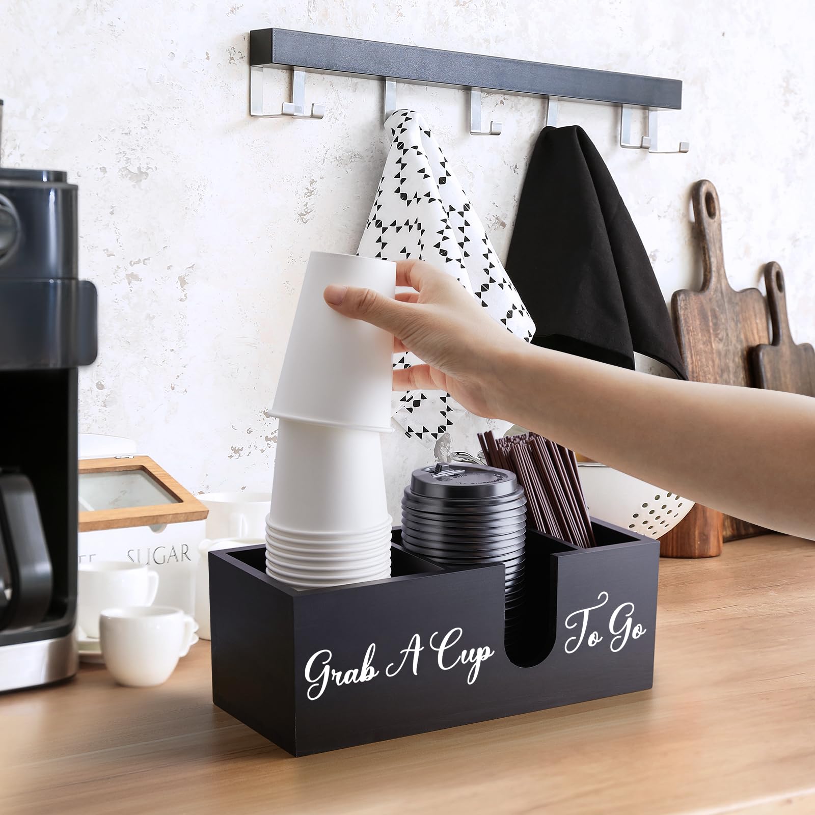 ALELION Coffee Cup Holder for Countertop - Wood Coffee Bar Accessories and Organizer - Coffee Station Organizer for Cup Lid Stirrers Pod - Black Farmhouse Coffee Bar Table Decor