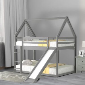 lostcat twin over twin bunk bed with slide,house shaped wooden bunkbeds w/safety guardrail and ladder,no box spring needed,suitable for girls boys,grey