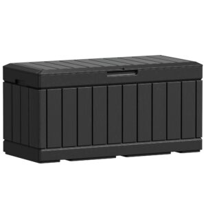 greesum 82 gallon resin deck box large outdoor storage for patio furniture, garden tools, pool supplies, weatherproof and uv resistant, lockable, black