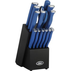 oster langmore 15 piece stainless steel cutlery knife block set w/black box – classic blue handles