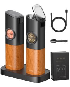 forlim gravity electric salt and pepper grinder set, upgraded large capacity, usb rechargeable pepper grinder automatic one hand operated, adjustable coarseness with led light（natural wood grain）