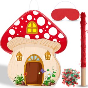 mushroom piñata with stick and blindfold fairy piñata 3d mushroom shaped piñata for kids birthday party mushroom hanging decoration piñata for forest jungle woodland baby shower party supplies