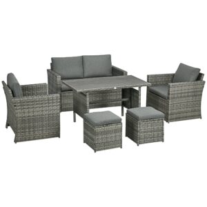 outsunny 6 piece patio dining set, pe rattan furniture set with 2 chairs cushions & outdoor loveseat sofa, woodgrain slatted dinner table, gray