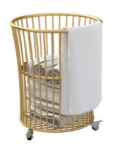 rolling laundry hamper with wheels,metal cart basket clothes storage organization bin for living room,bathroom,bedroom or kids bedroom,gold