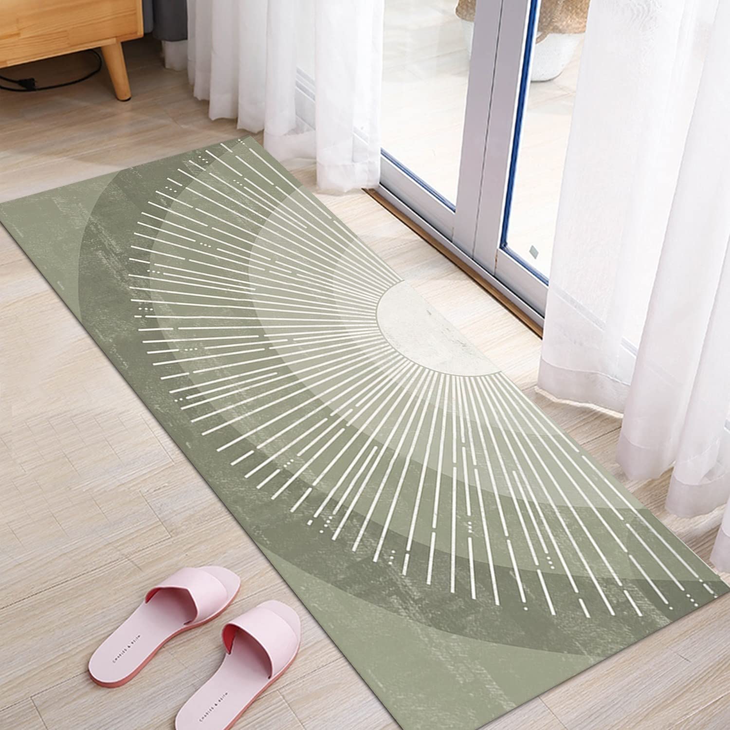 GUBIYU Boho Bedroom Rug Green Sun Area Rugs Runner Rug Sage Green Abstract Large Area Rugs Non Slip Bathroom Rugs Kitchen Runner Rugs Living Room Rugs for Laundry Nursery Kids Room Entryway 23.6"x59"