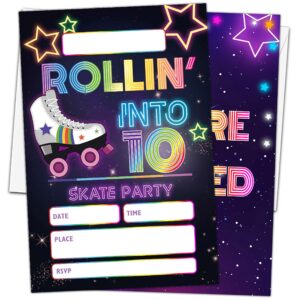 4" x 6" neon roller skating 10th birthday party invitation cards with envelopes (20 sets) - rolling into 10 - c03