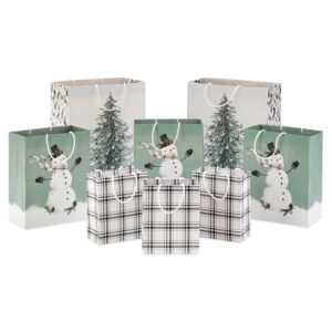 hallmark christmas gift bag assortment (8 bags: 3 small 6", 3 medium 9", 2 large 13") white and sage green with rustic snowman, plaid, evergreen tree for christmas, winter weddings, birthdays