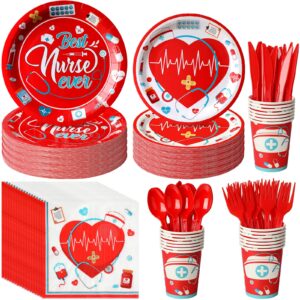 175pcs nurse graduation nurses week plates napkins set,thank you nurse disposable party supplies set, include plate, napkin, cup, knife, fork and spoon for nurse party decorations, serve 25 guest