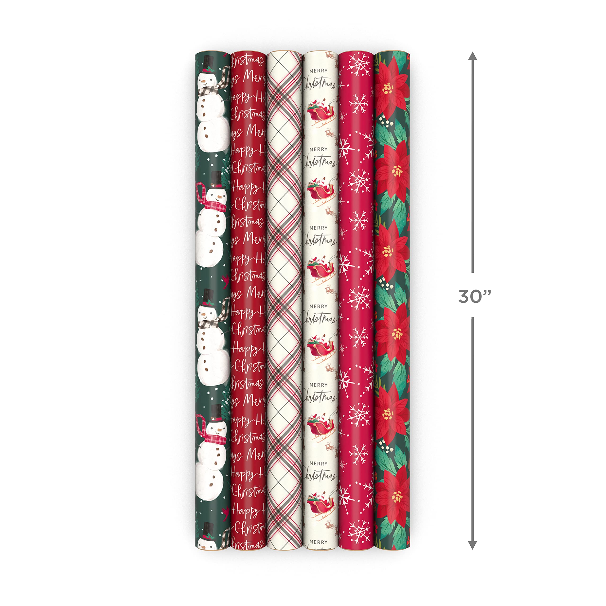 Hallmark Rustic Recyclable Christmas Wrapping Paper (6 Rolls: 180 Sq. Ft. Total) Red, White and Hunter Green Plaid, Poinsettias, Snowflakes, "Merry Christmas," Snowman, Santa