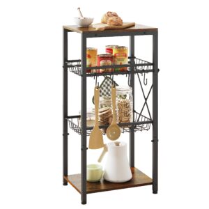 gewudraw kitchen bakers rack, kitchen storage shelf with pullout wire basket & 4 side hooks, coffee bar station with wine rack - rustic brown, perfect for organizing your kitchen essentials