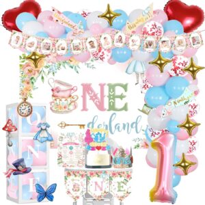 138 pcs alice in wonderland 1st birthday party decorations, hombae alice in onederland first backdrop balloon garland arrow sign monthly photo highchair banner box cutout cake topper crown poster