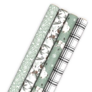 hallmark recyclable neutral christmas wrapping paper (4 rolls: 100 sq. ft. ttl) white and sage green evergreen pinecones, rustic snowmen, plaid, nordic deer and foliage