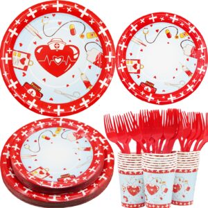 decodinli 100 pcs nurse graduation party supplies, nurse themed disposable plates，cups, napkins and forks for nurse day, doctors day and medical school graduation, serves 25